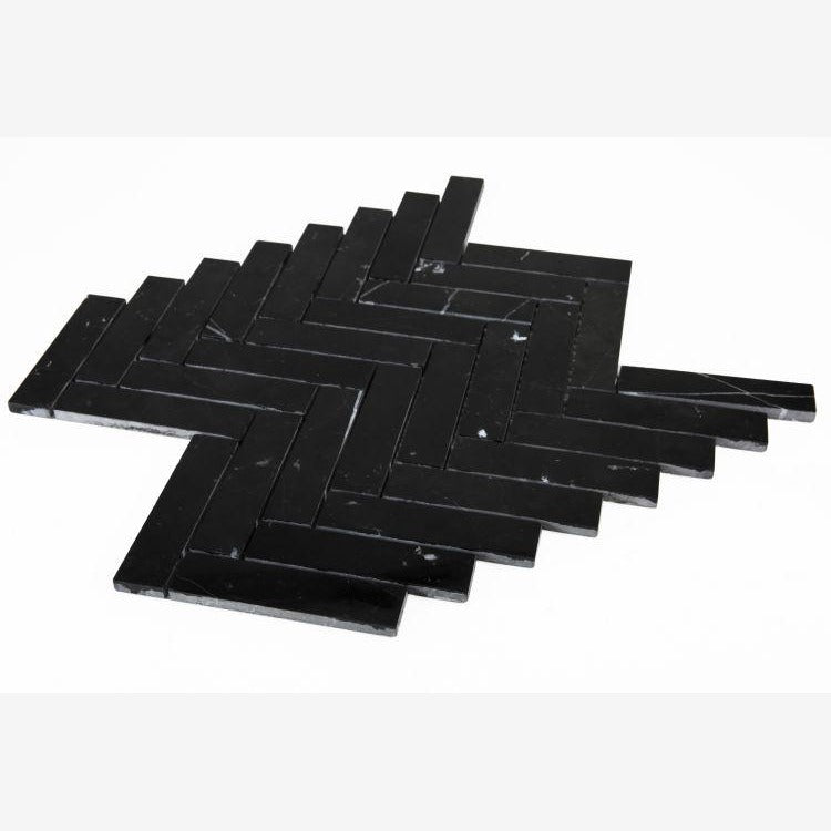 Nero Marquina 1×4 Herringbone Polished/Honed Marble Mosaic Sample – Tilezz