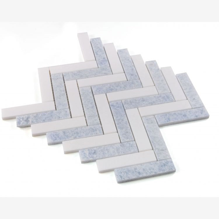 Celestial White & Azul Celeste (Blue) Herringbone 1X4 Polished Mosaic ...